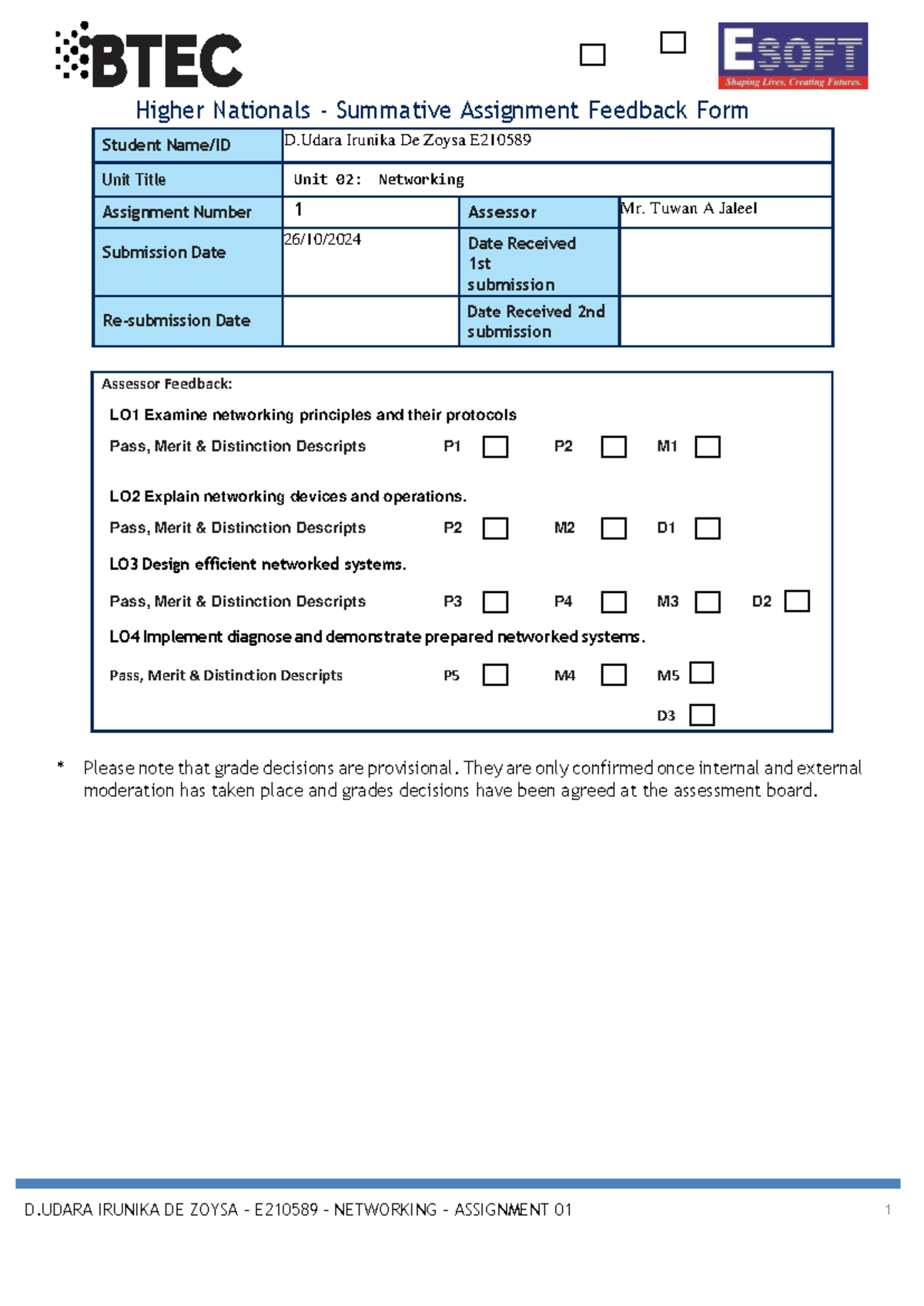 Unit-02 Networking Assignment 2024 E210589 - Higher Nationals - Summative Assignment Feedback ...