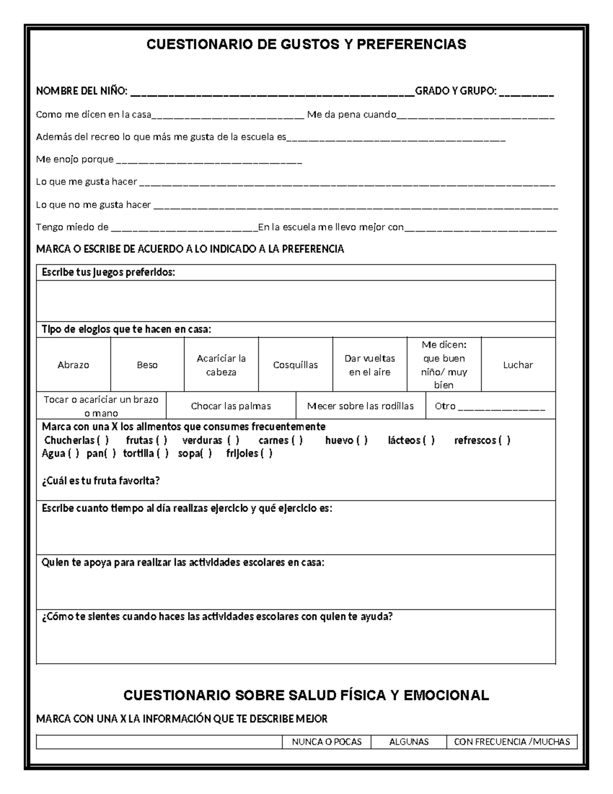 Cuestionario de Gustos y Preferencias del Niño - CUESTIONARIO INTERESES ...