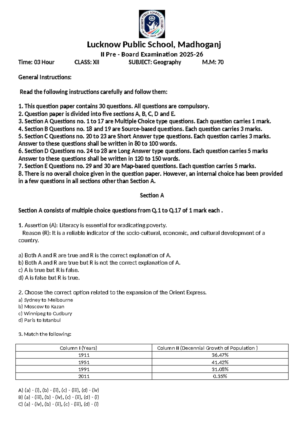 Geography XII II Pre Board Exam Practice Paper - Lucknow Public School ...