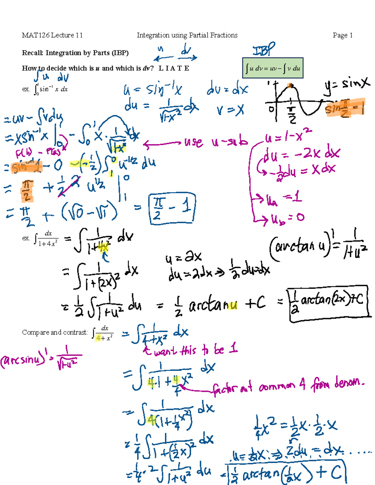 MAT126 Lecture 11: Integration via Partial Fractions Techniques - Studocu