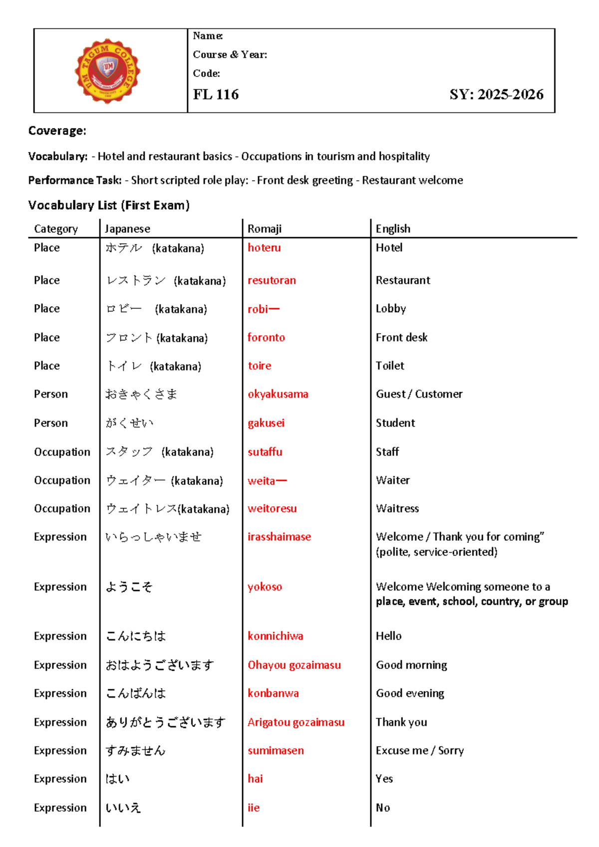 FL 116 First Exam Vocabulary: Hotel & Restaurant Basics - Studocu