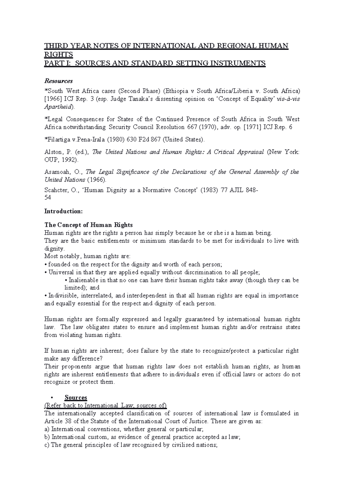 LAW 301: Human Rights Notes - Sources and International Standards - Studocu