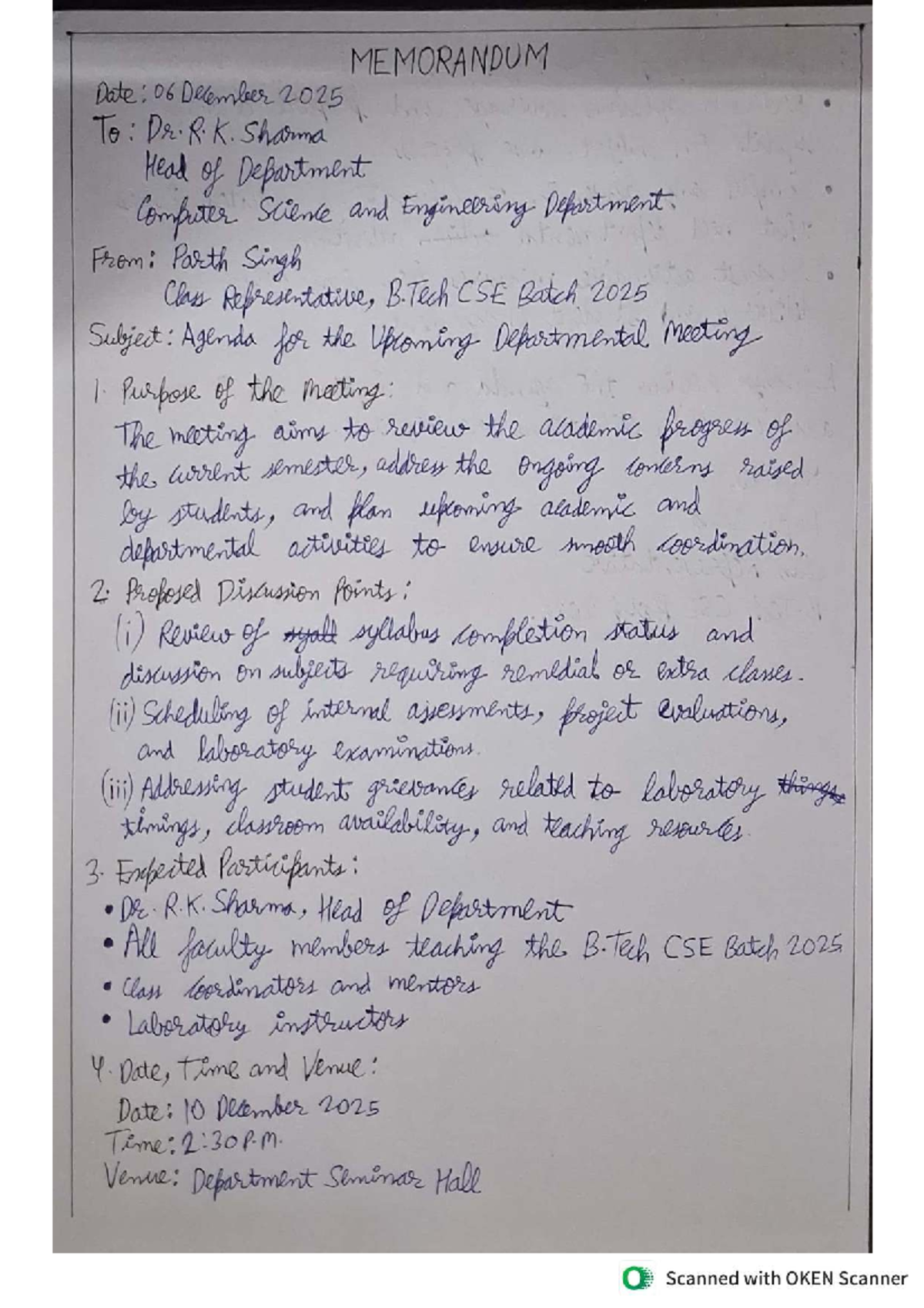 Memo - Agenda for Upcoming Dept Meeting (B.Tech CSE 2025) - Studocu