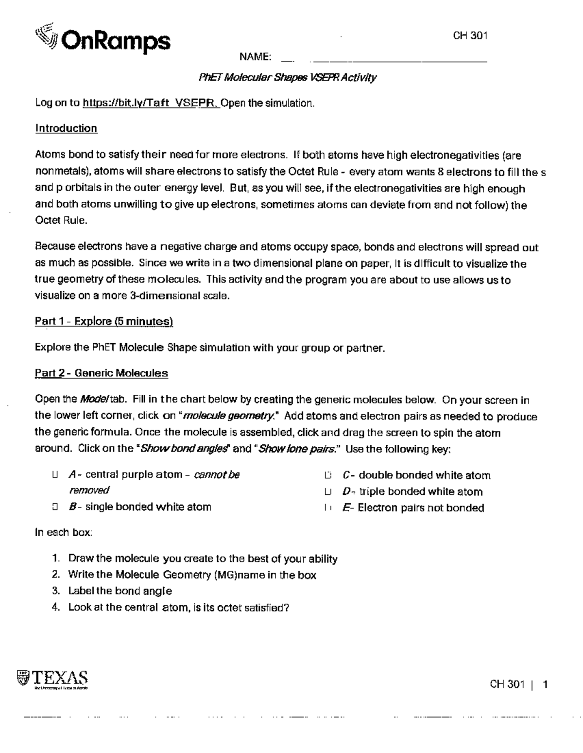 OnRamps CH 301: PhET Molecular Shapes VSEPR Activity Guide - Studocu