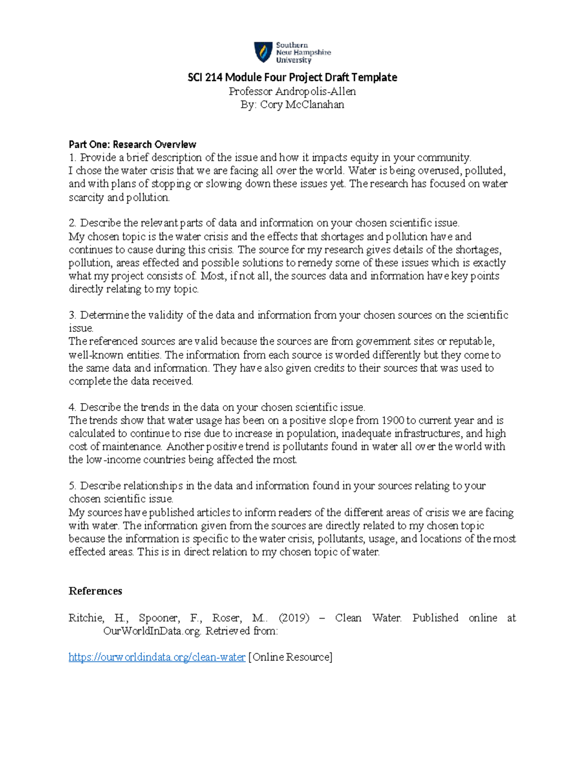 SCI 214 Module 4 Project Draft: Addressing the Global Water Crisis ...