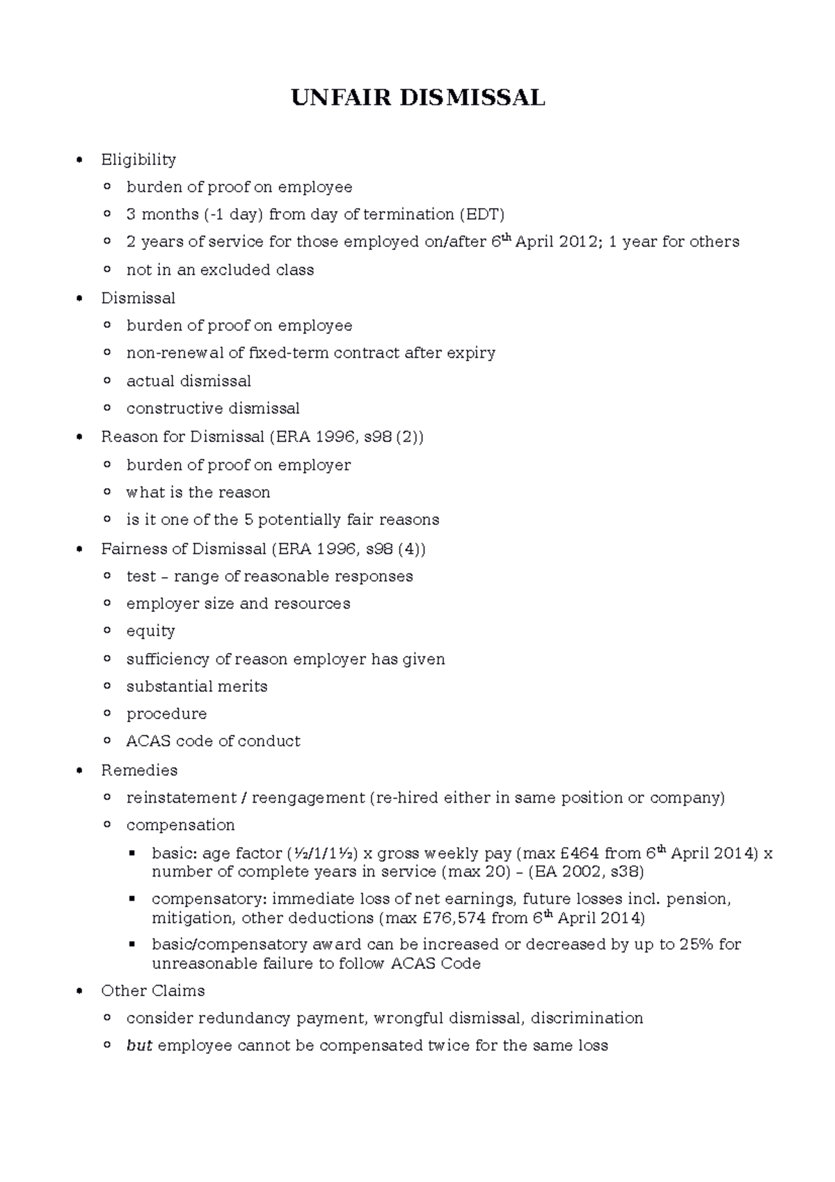 Unfair dismissal example - UNFAIR DISMISSAL Eligibility burden of proof ...