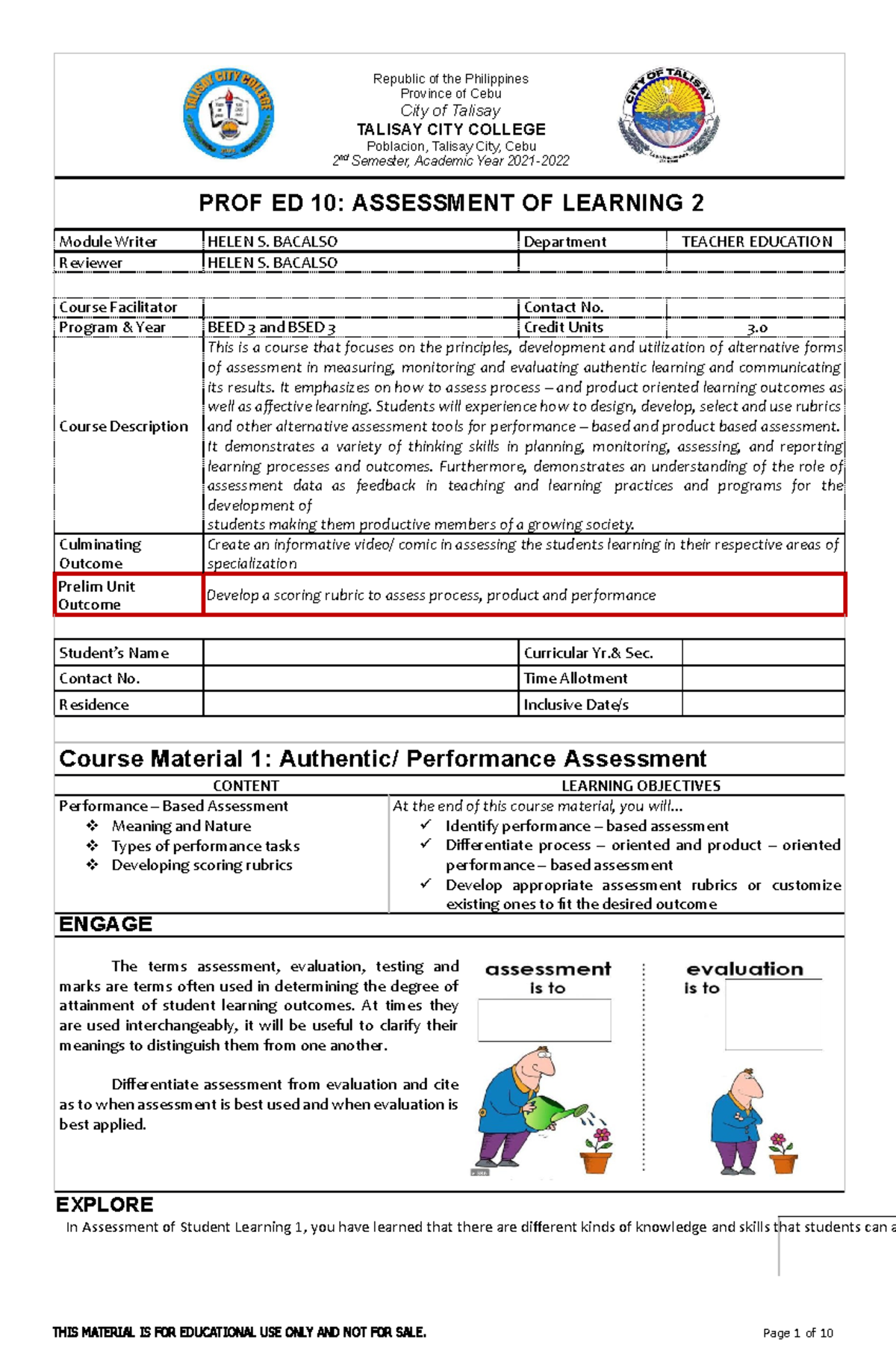 PROF-ED-10 - Authentic Assessment in Student Learning: A Module Guide ...