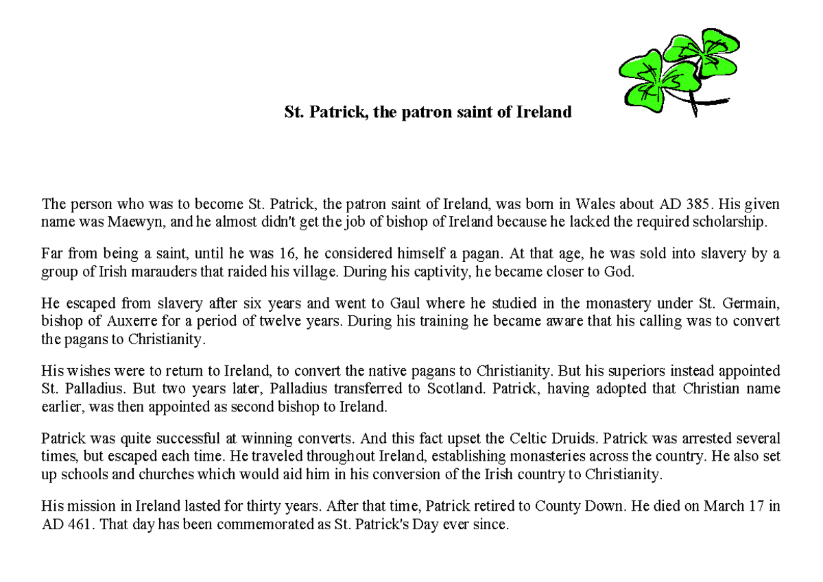 St. Patrick: Life and Legacy of Ireland's Patron Saint - Studocu