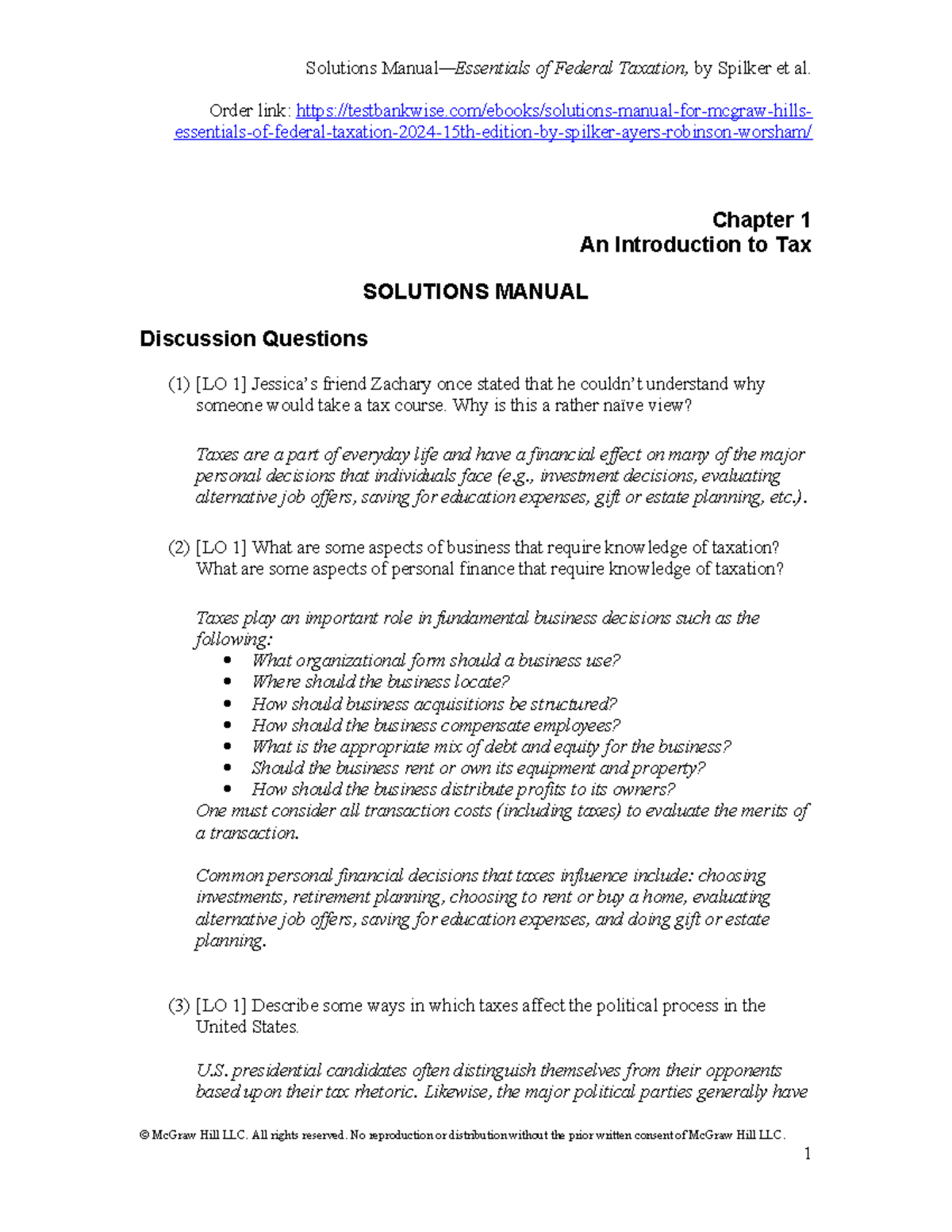 Solutions Manual: McGraw-Hill's Essentials of Federal Taxation 2024 ...