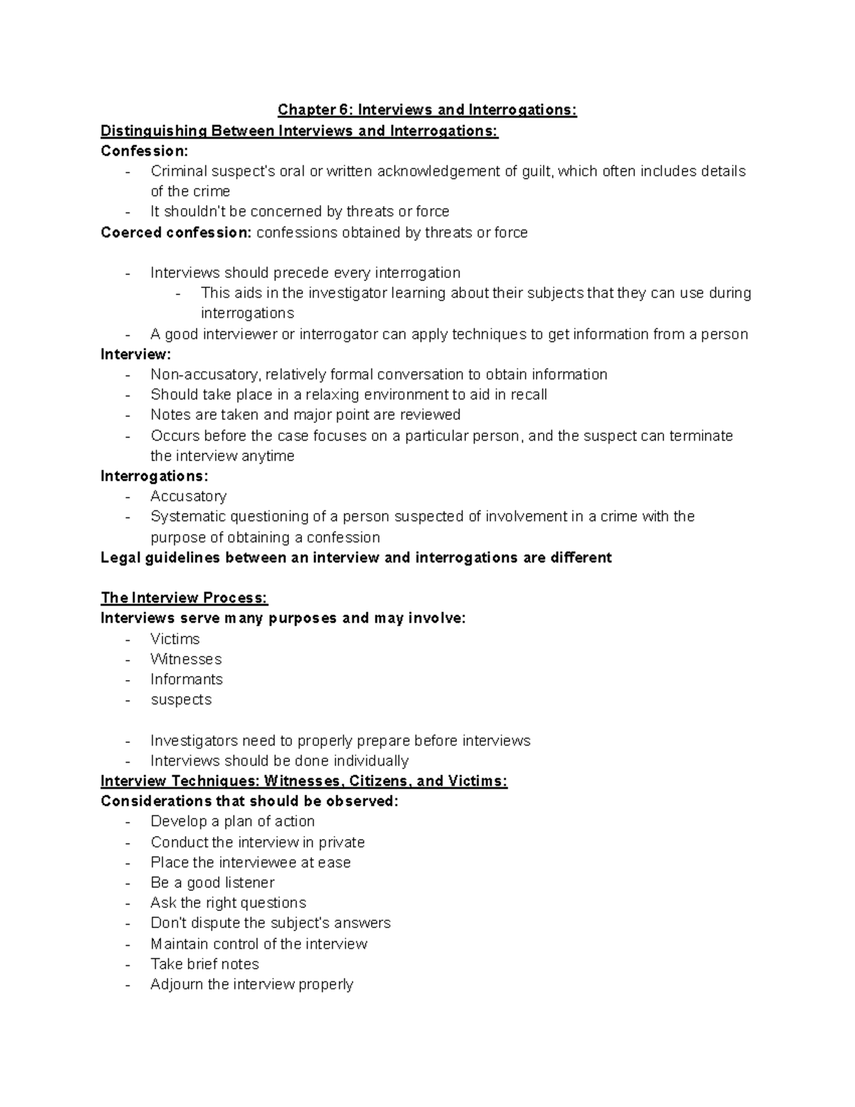 Chapter 6 CJST - Notes on Interviews and Interrogations Techniques ...