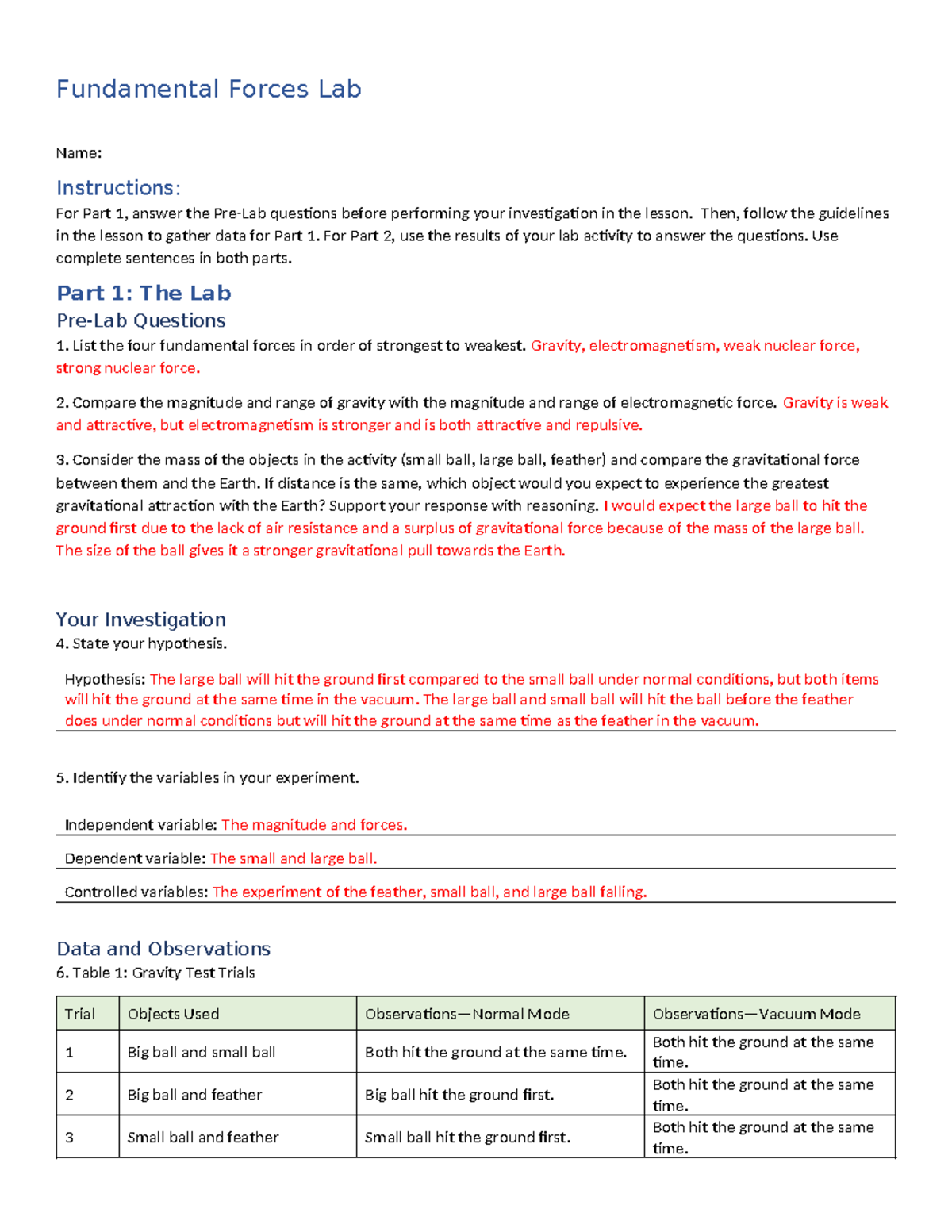 Fundamental Forces Lab Worksheet (01 06) - Pre-Lab and Data Analysis ...