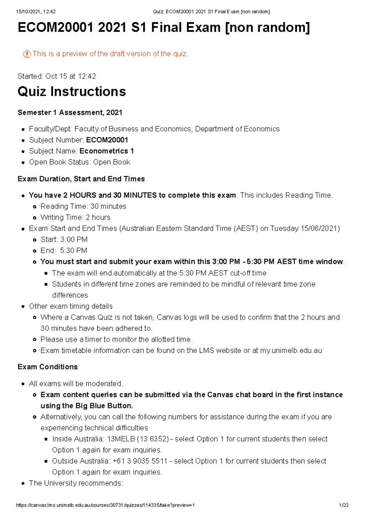 Final 2021s1 - Past Exam - ECOM20001 2021 S1 Final Exam [non random ...
