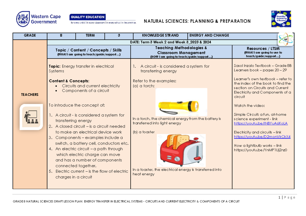 GRADE 8 NATURAL SCIENCES: TERM 3 LESSON PLAN ON ENERGY TRANSFER IN ...