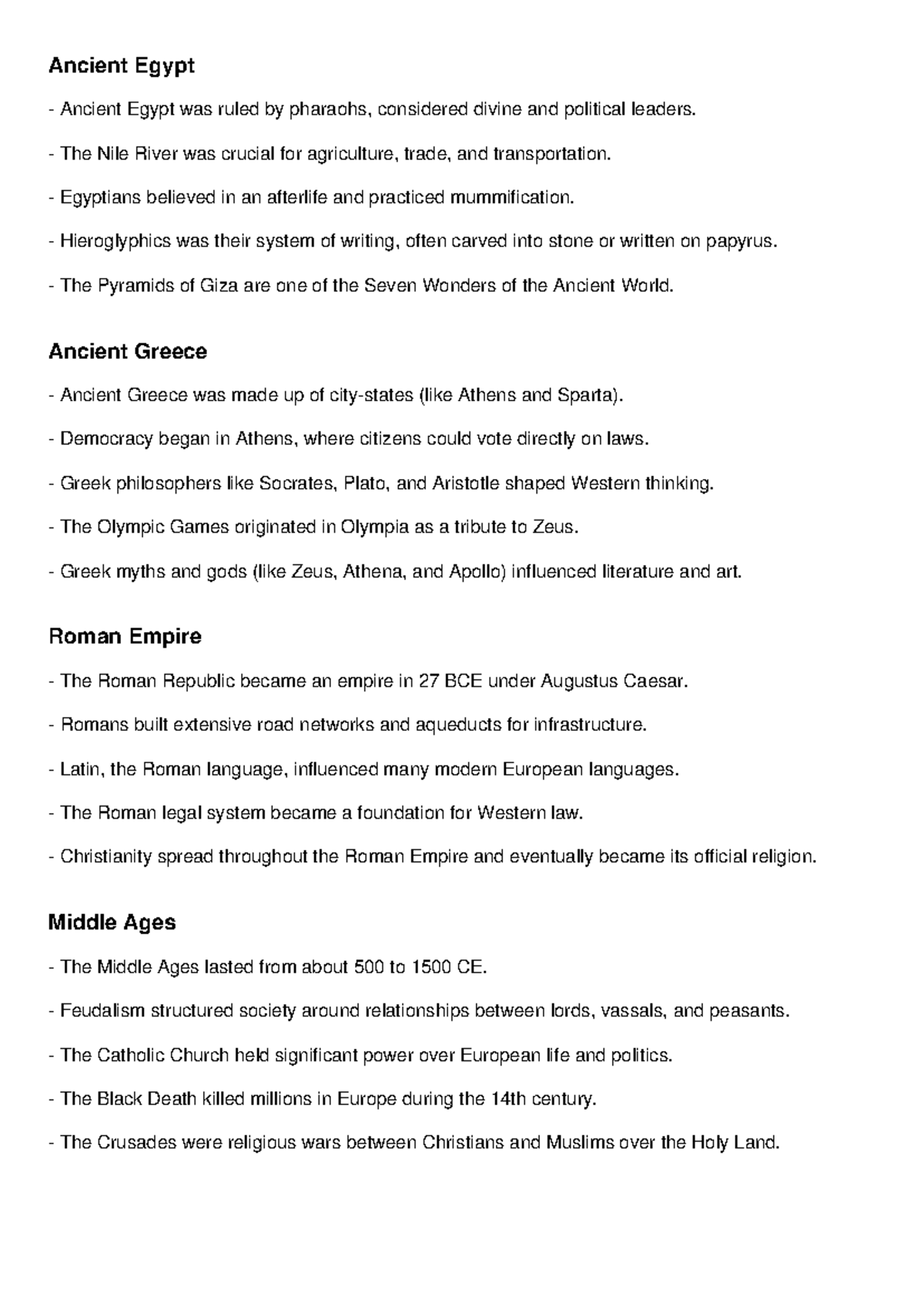 History Notes: Ancient Egypt, Greece, Rome & the Middle Ages - Studocu