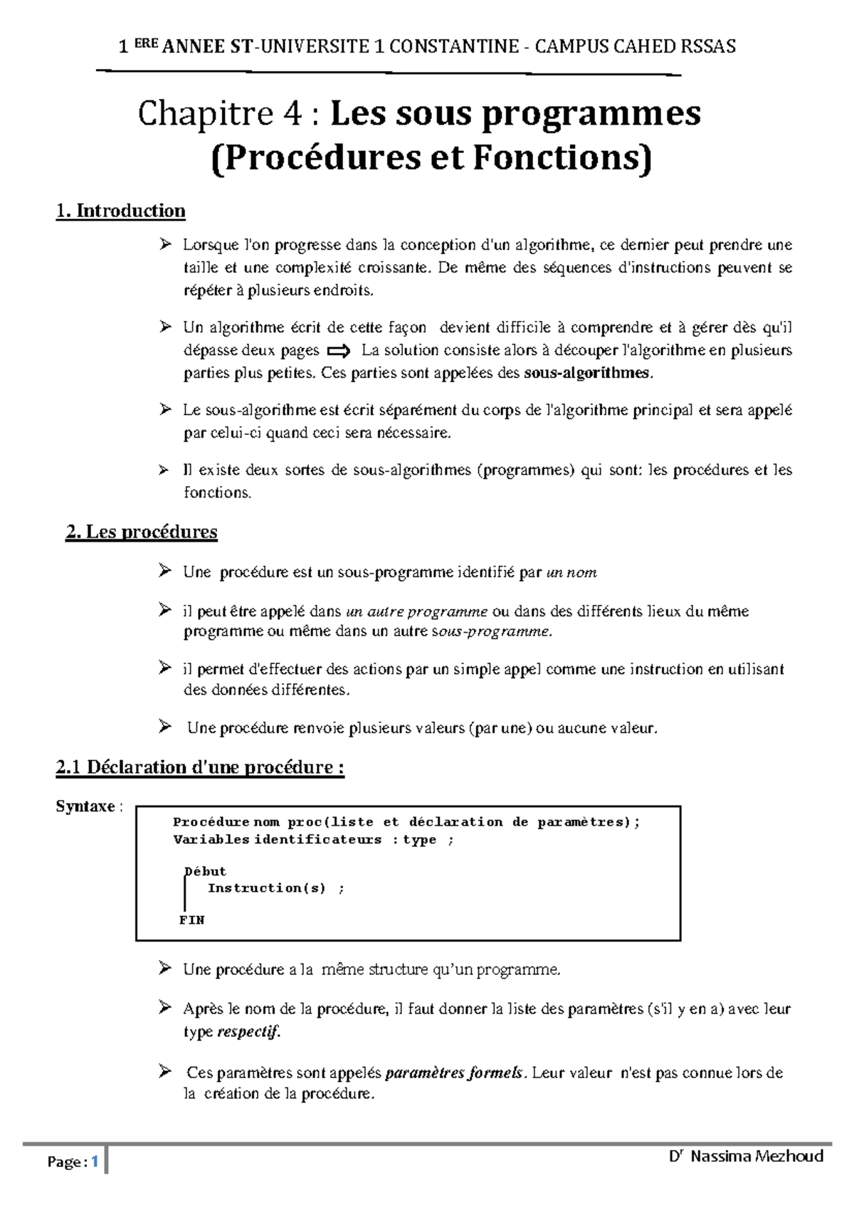 Chapitre 4 : Les Sous-Programmes (Procédures et Fonctions) - 1 ERE ...