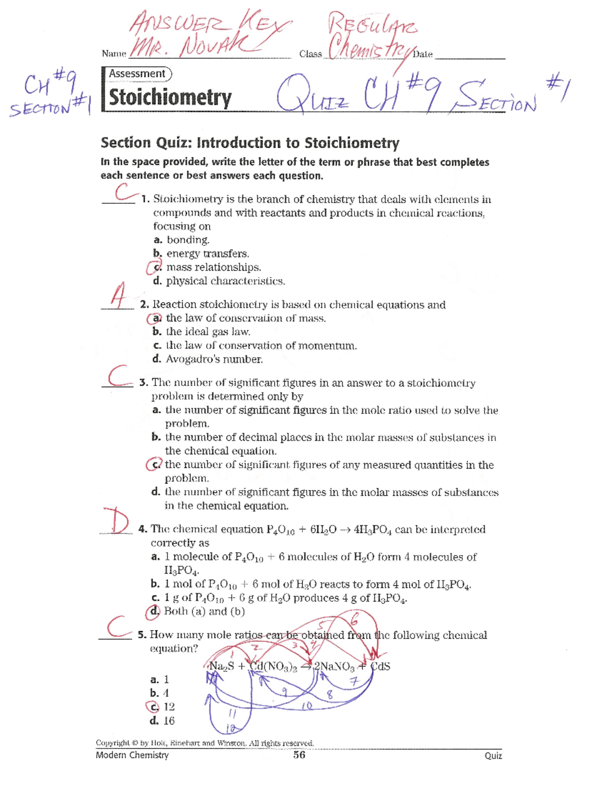 CH 9 Stoichiometry Quiz Sections 1-3 Answer KEY - Studocu