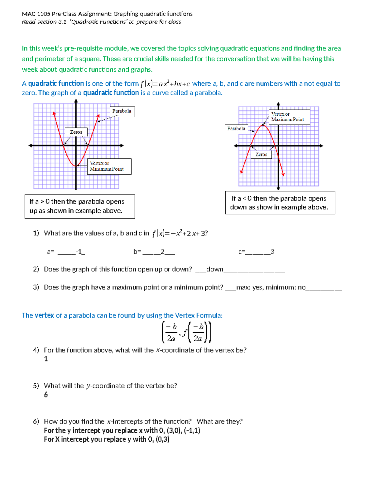 MAC 1105 Pre-Class Assignment: Graphing Quadratic Functions - Studocu
