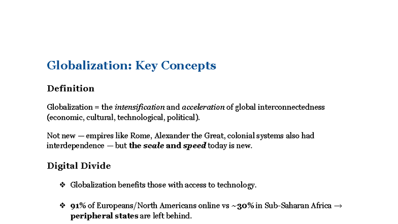 Globalization: Key Concepts Overview for Course Code GLO 101 - Studocu