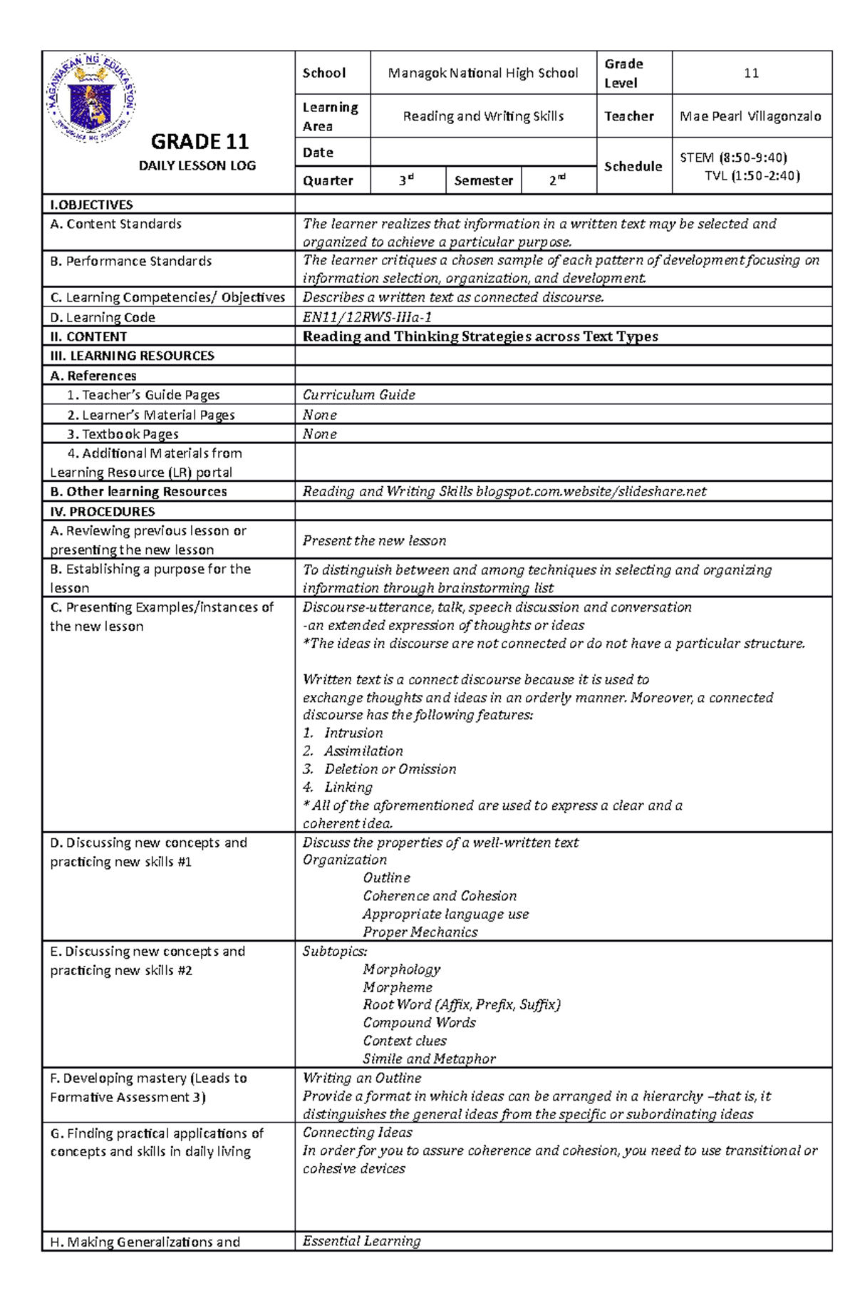 Reading and Writing DLL 2022-2023 - GRADE 11 DAILY LESSON LOG School ...