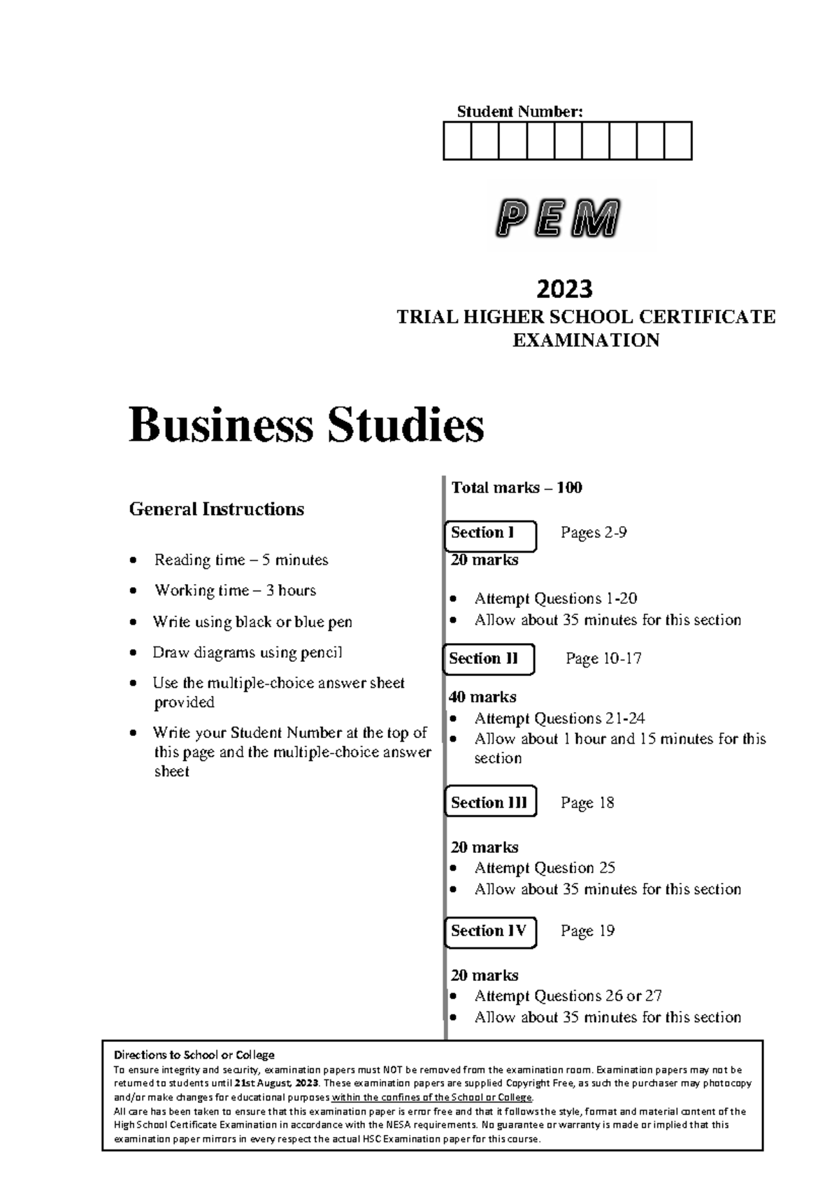 PEM 2023 Business Studies Trial HSC Exam Paper & Marking Guide - Studocu