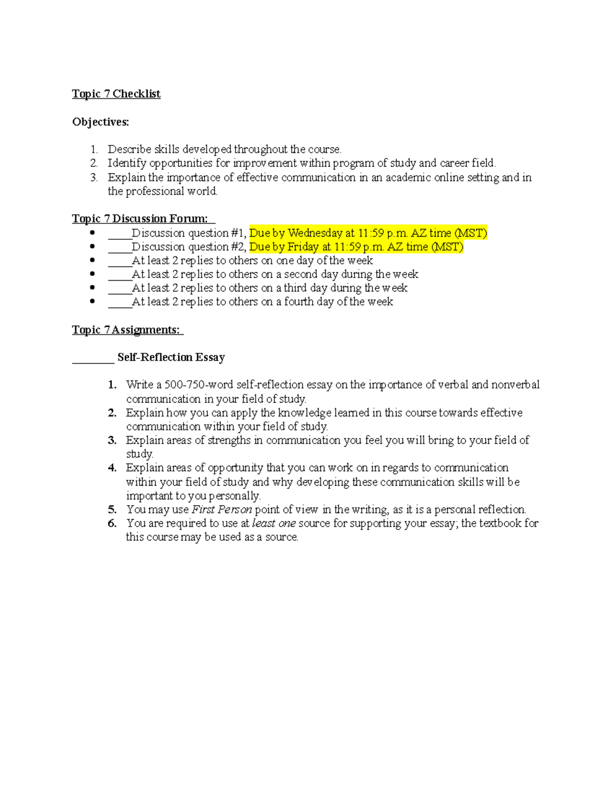 Topic 7 Checklist - Lecture Notes on Self-Reflection Essay - Studocu