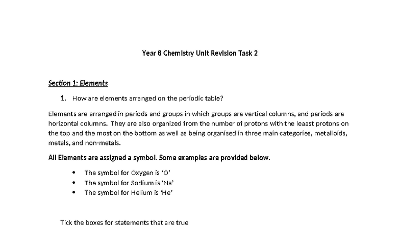 Year 8 Chemistry Unit Revision Task 2: Elements & Compounds - Studocu