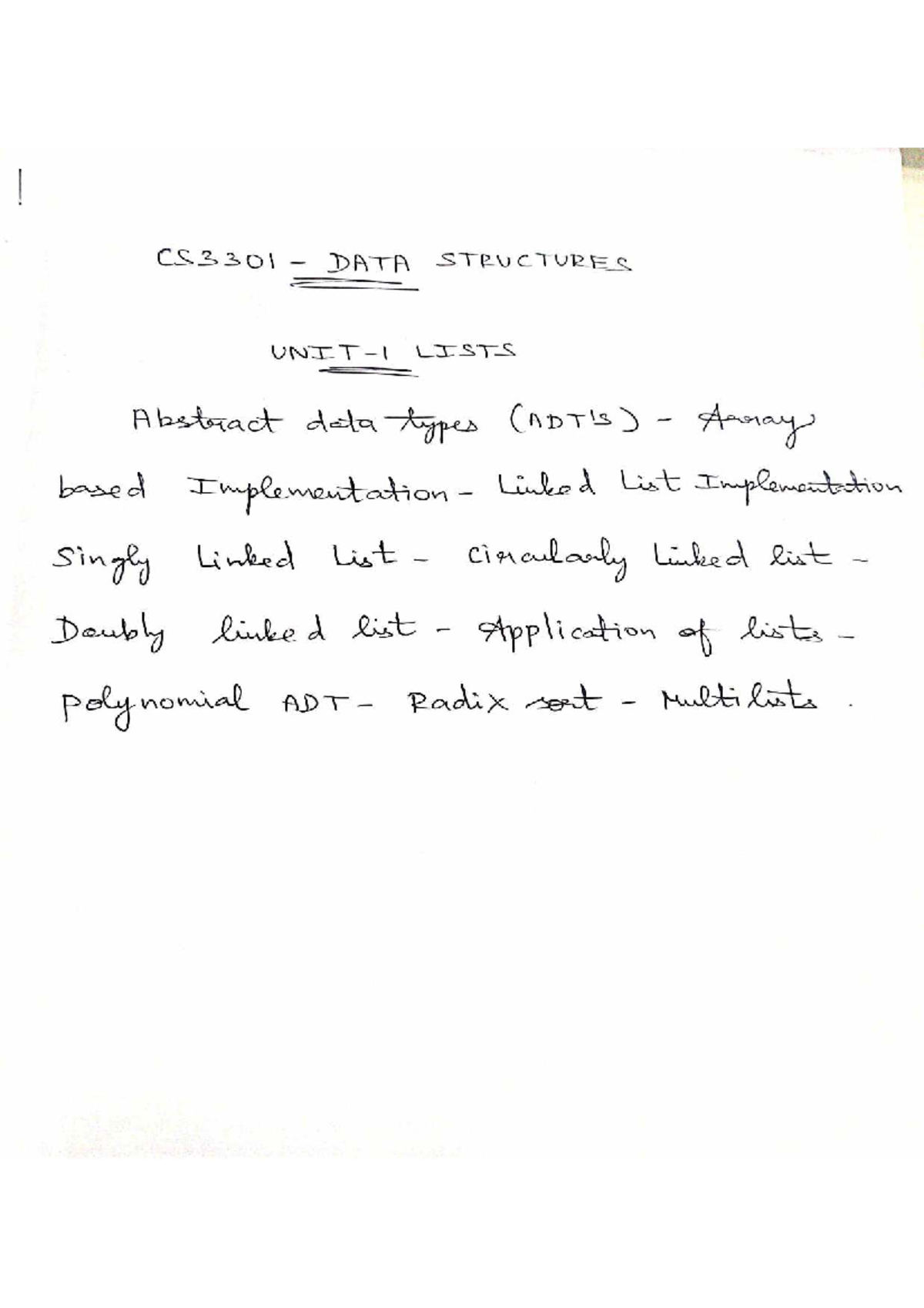 CS3301 DATA STRUCTURES UNIT 1 NOTES - LISTS AND LINKED LISTS - Studocu