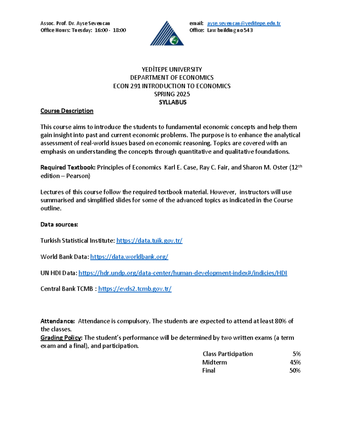 ECON 291 Spring 2025 Syllabus: Introduction to Economics Course Outline ...