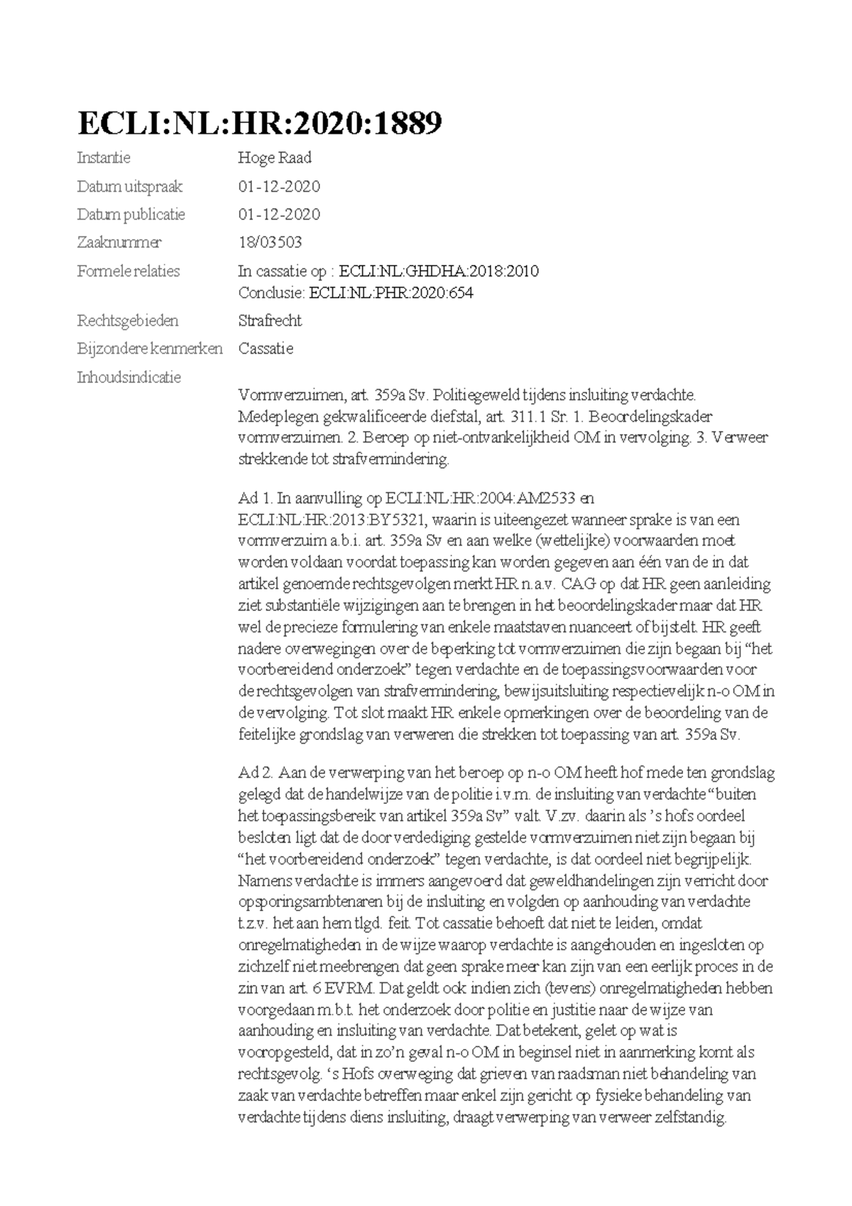 ECLI NL HR 2020 1889 - Cassatie Arrest over Vormverzuimen en ...