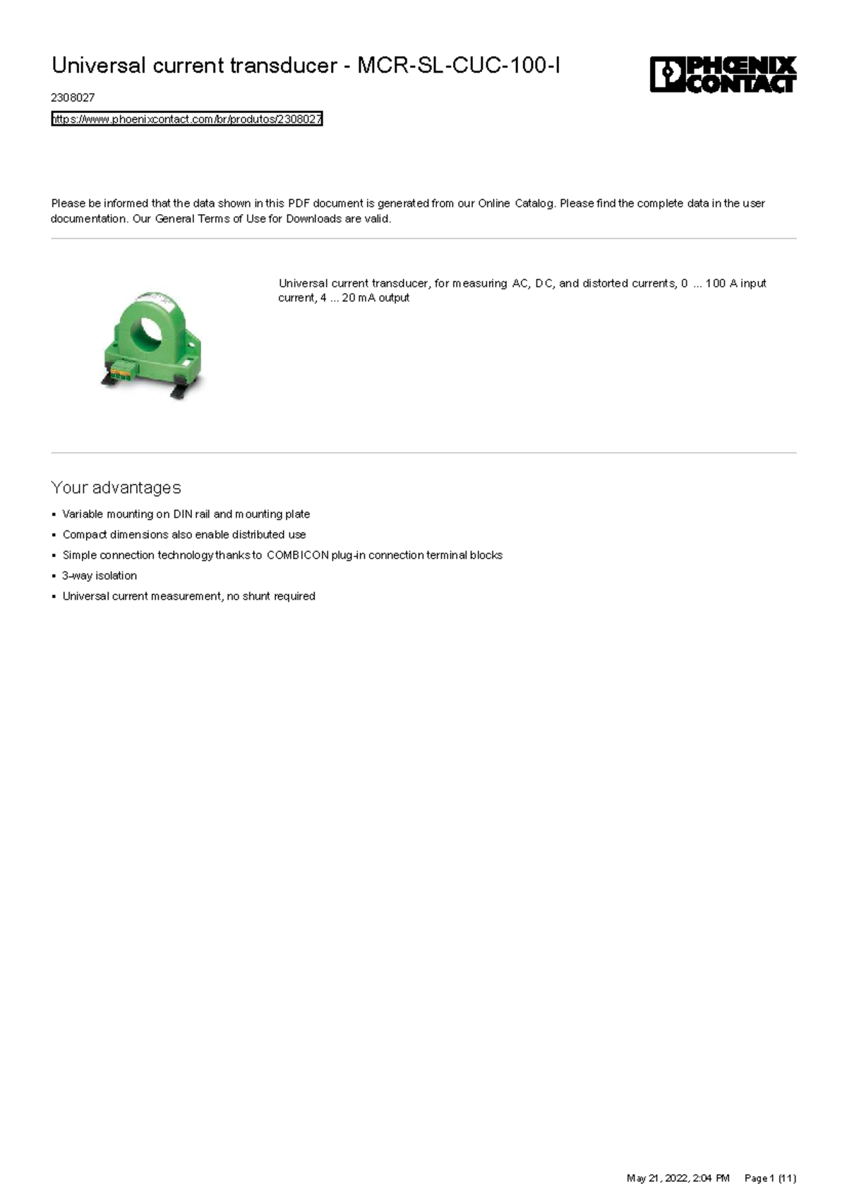 Universal Current Transducer 2308027 Data Sheet - Studocu