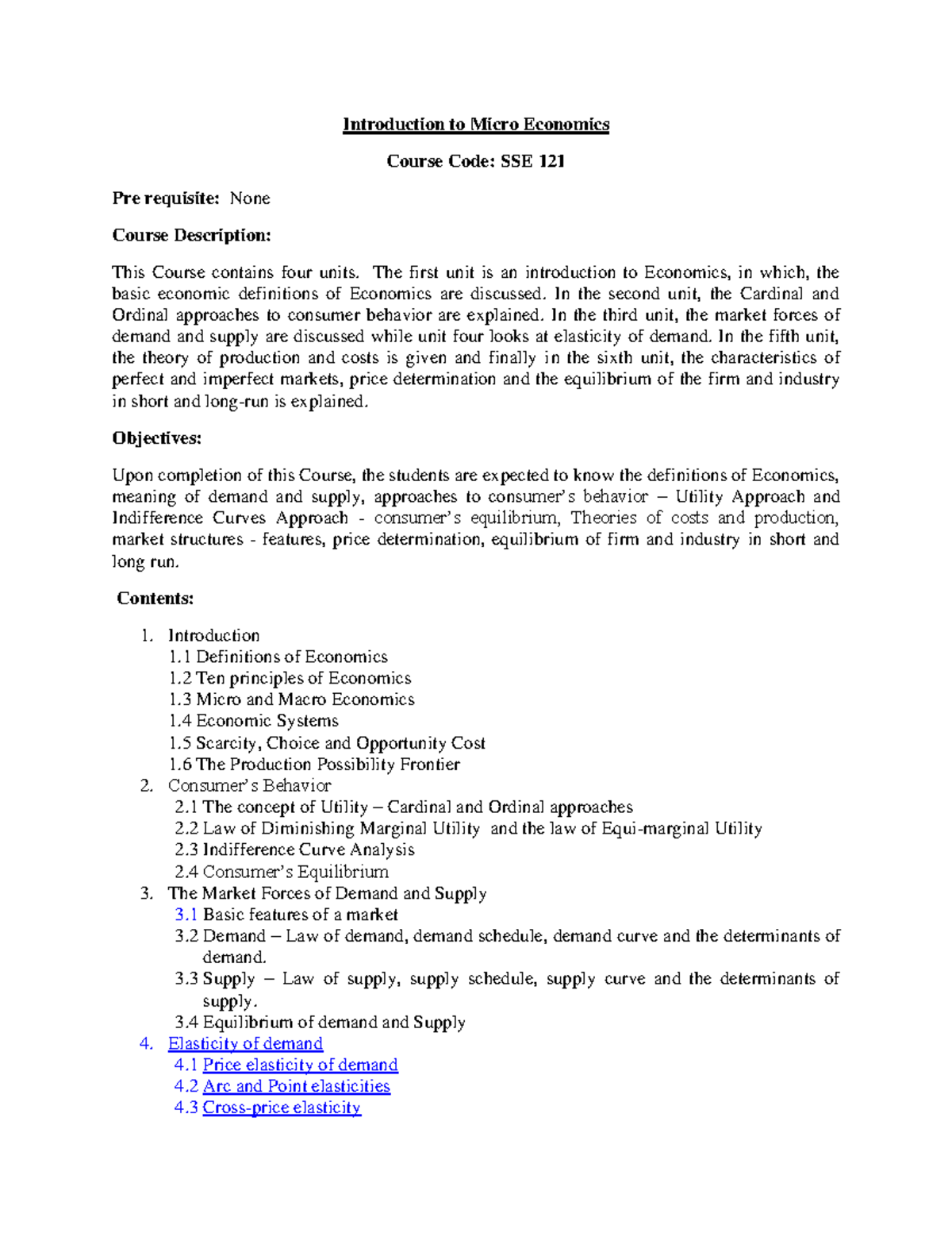 SSE121 Micro Economics Course Outline and Objectives - Studocu