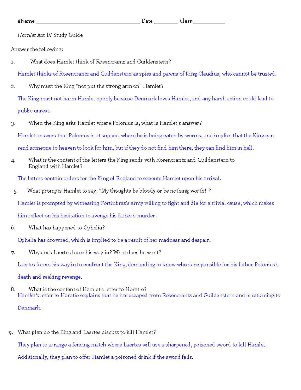 Hamlet Act IV Study Guide (ENG 201): Key Questions & Answers - Studocu