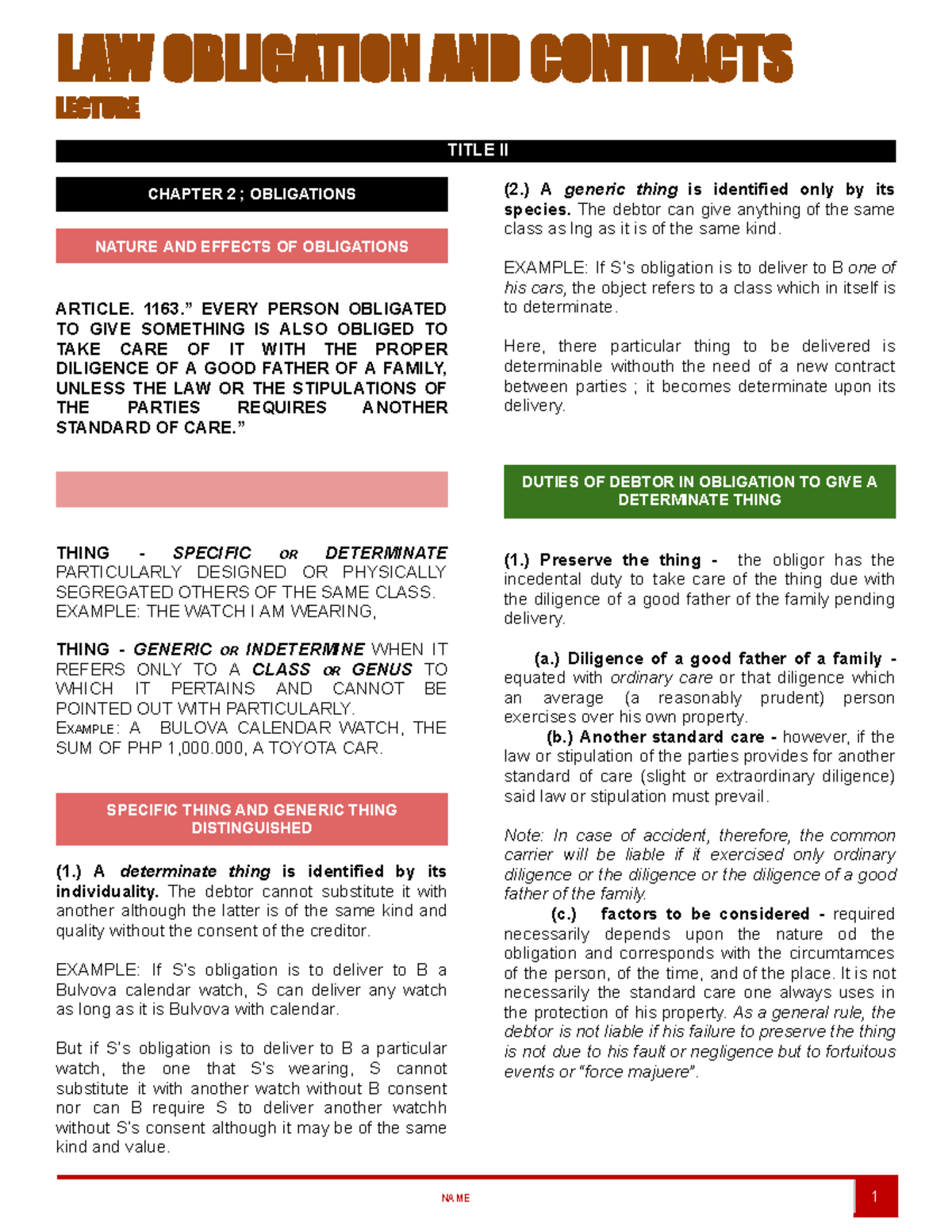 Oblicon LAW OBLIGATIONS CHAP 2 - Nature & Effects of Obligations - Studocu