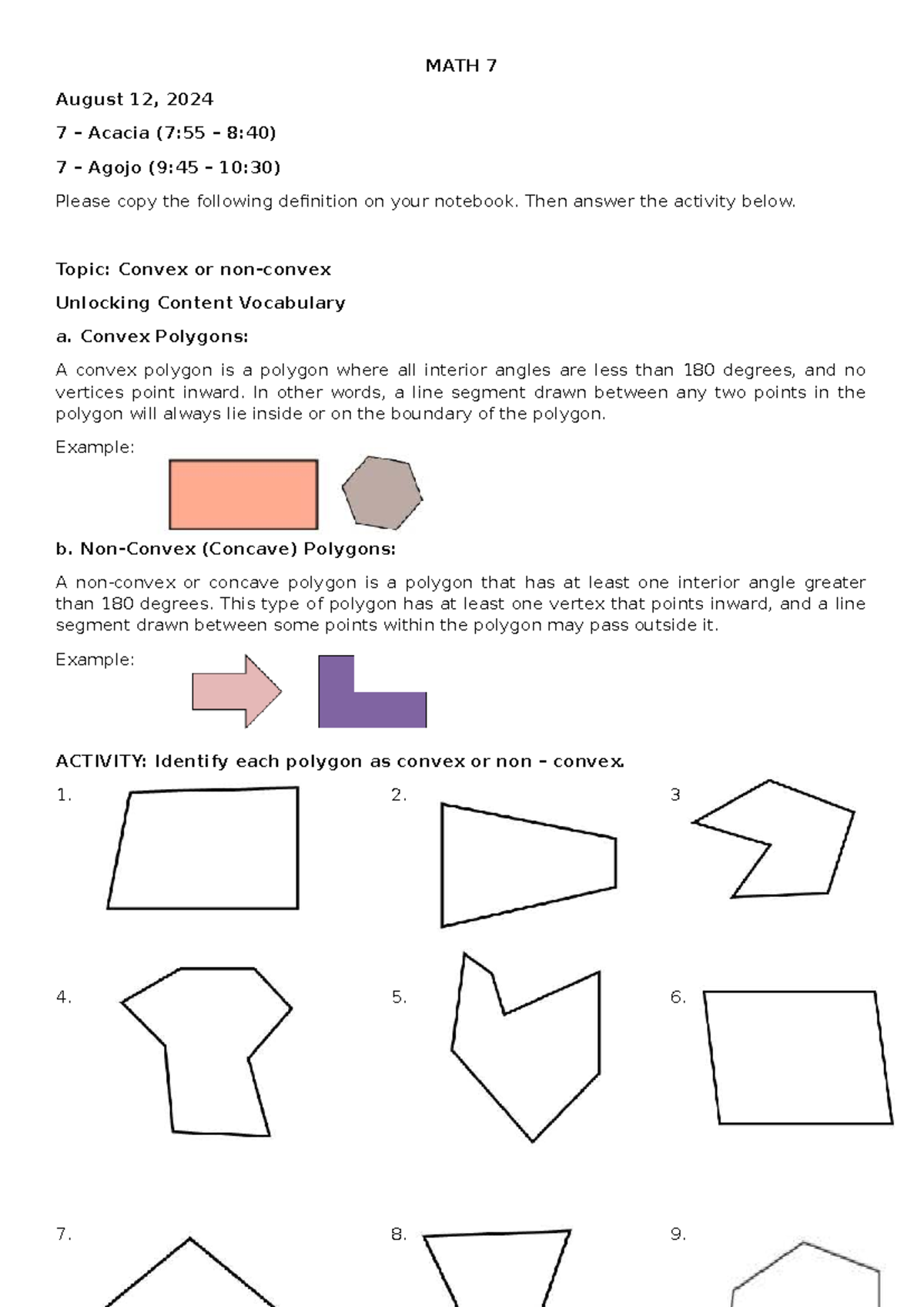 MATH 7 Lesson on Convex and Non-Convex Polygons - Studocu