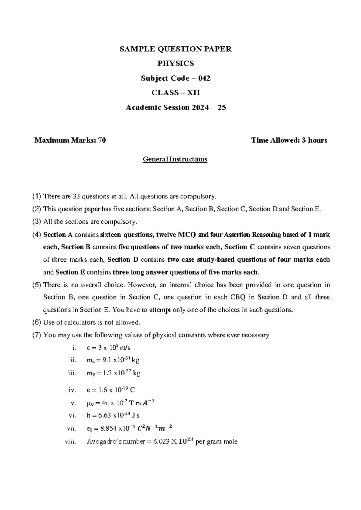 SAMPLE QUESTION PAPER PHYSICS 042 CLASS XII ACADEMIC SESSION 2024-25 - Studocu