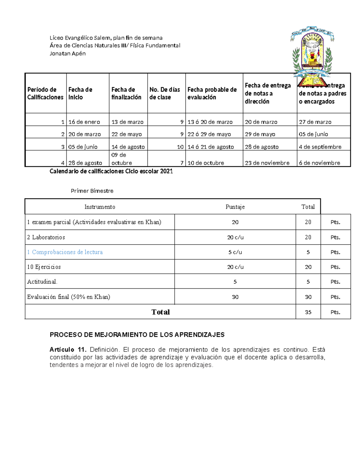 Ciencias Naturales 2021 - Plan de Evaluación y Calificaciones - Studocu