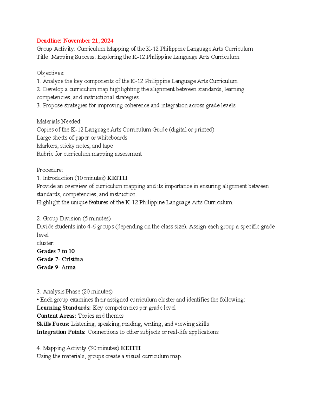 Curriculum Mapping - .............. - Deadline: November 21, 2024 Group ...