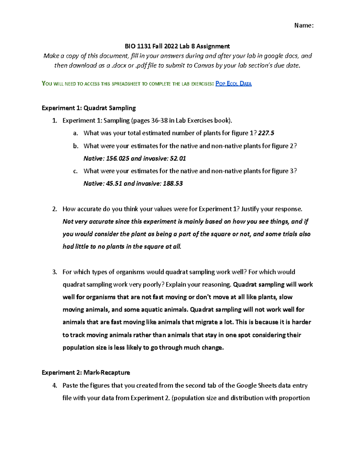 Lab 8 - bio lab 8 - Name: BIO 1131 Fall 2022 Lab 8 Assignment Make a copy of this document, fill ...