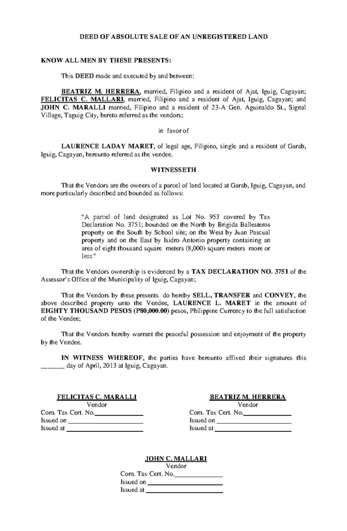 Ilide - sample deed of absolute sale - DEED OF ABSOLUTE SALE OF AN ...