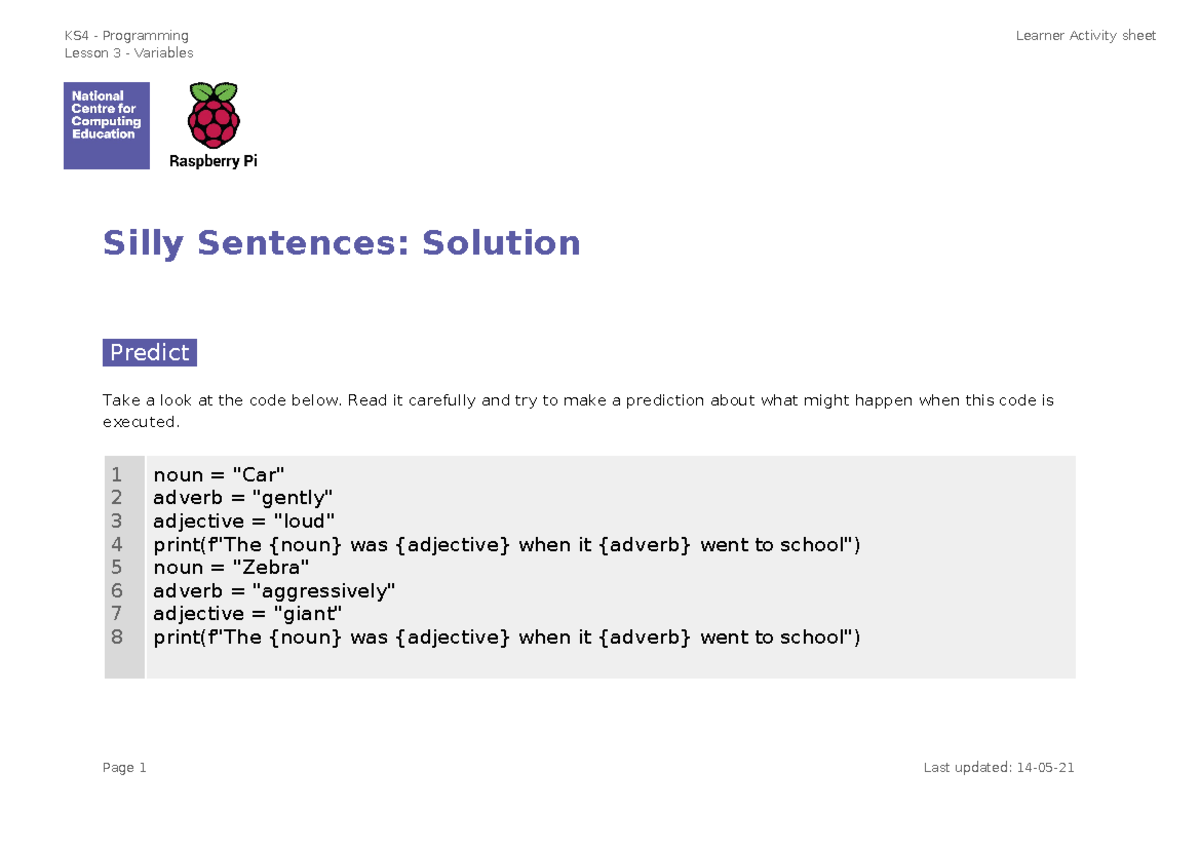 A2 Solutions – Lesson 3: Silly Sentences Code Activity - Studocu