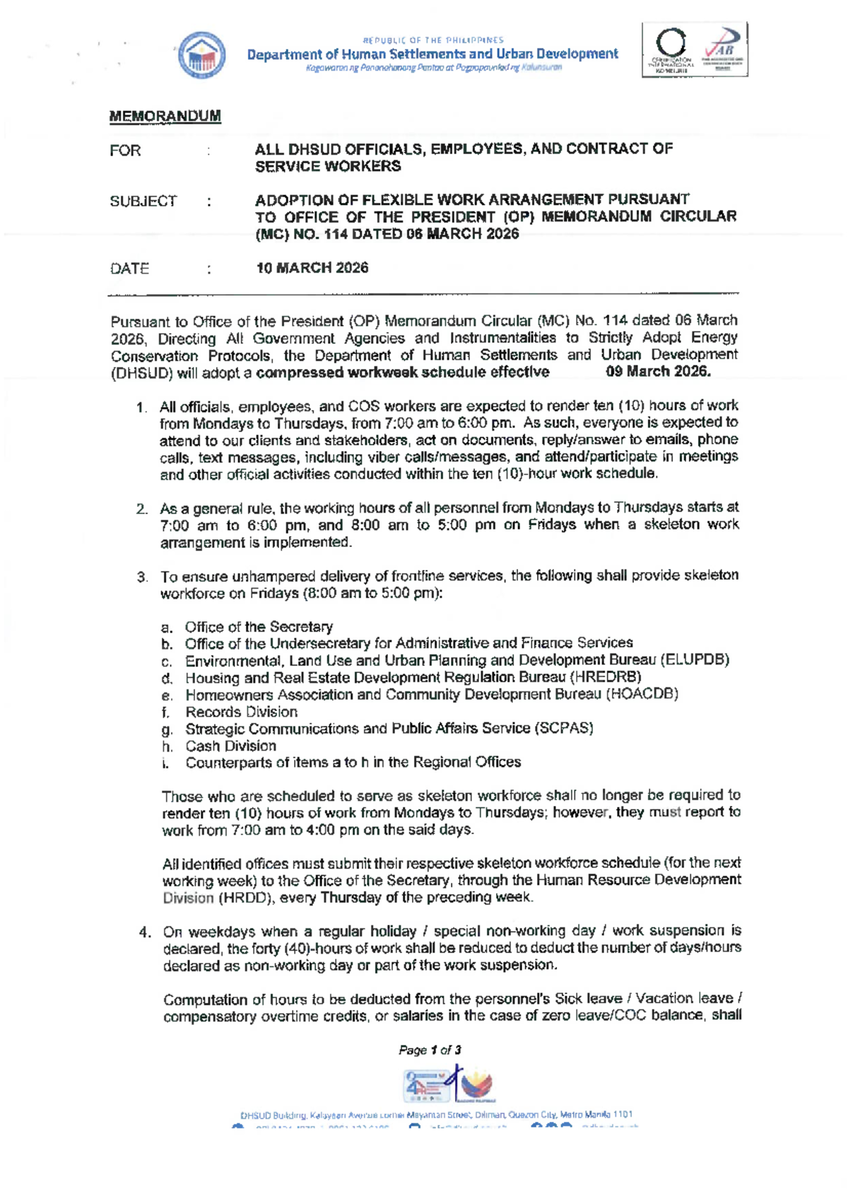DHSUD Flexible Work Arrangement Guidelines (MC No. 114) - Studocu