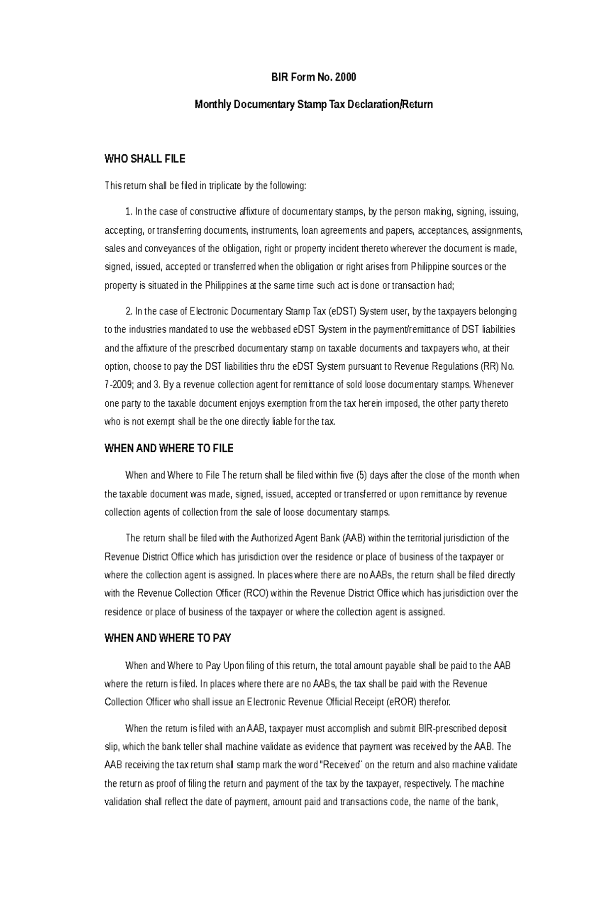 BIR Form No. 2000: Monthly Documentary Stamp Tax Filing Guidelines ...