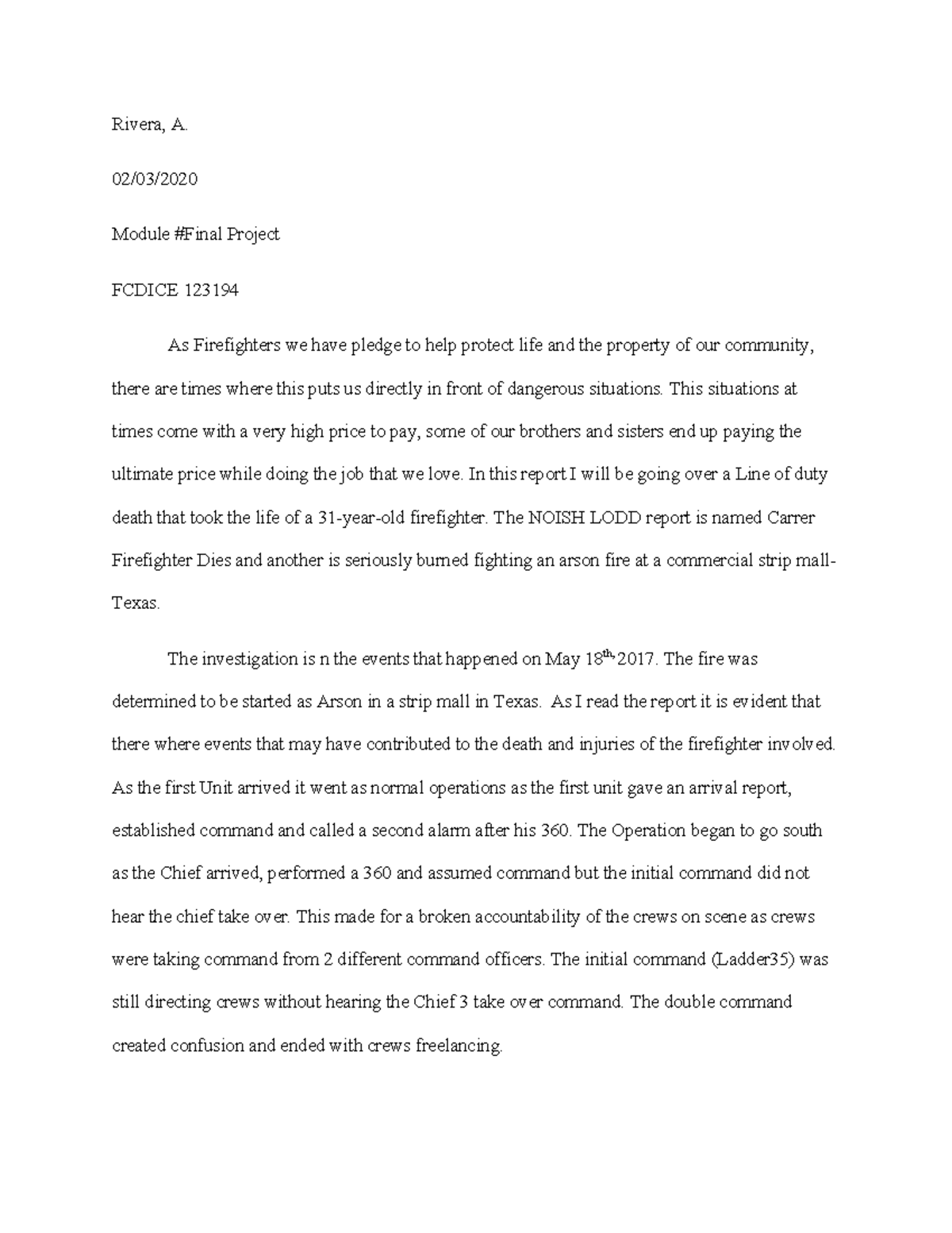 FCDICE 123194 LODD Report: Firefighter Death in Texas Arson Fire - Studocu