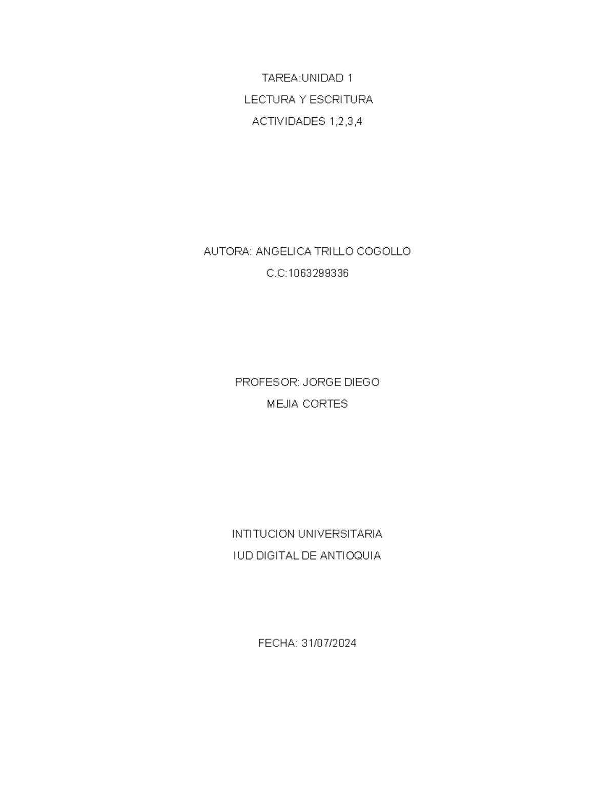 Actividad Lectura Y Escritura - TAREA:UNIDAD 1 LECTURA Y ESCRITURA ...