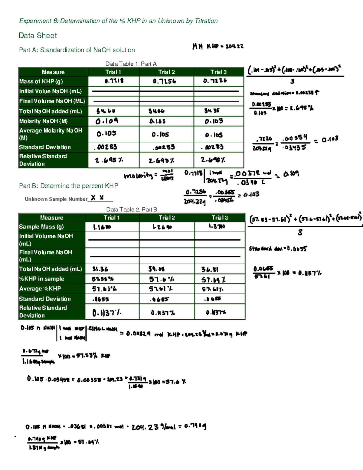 Experiment 6 - % KHP Determination by Titration Data Sheet - Studocu