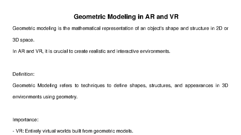 Geometric Modeling Techniques in AR & VR: An Overview - Studocu