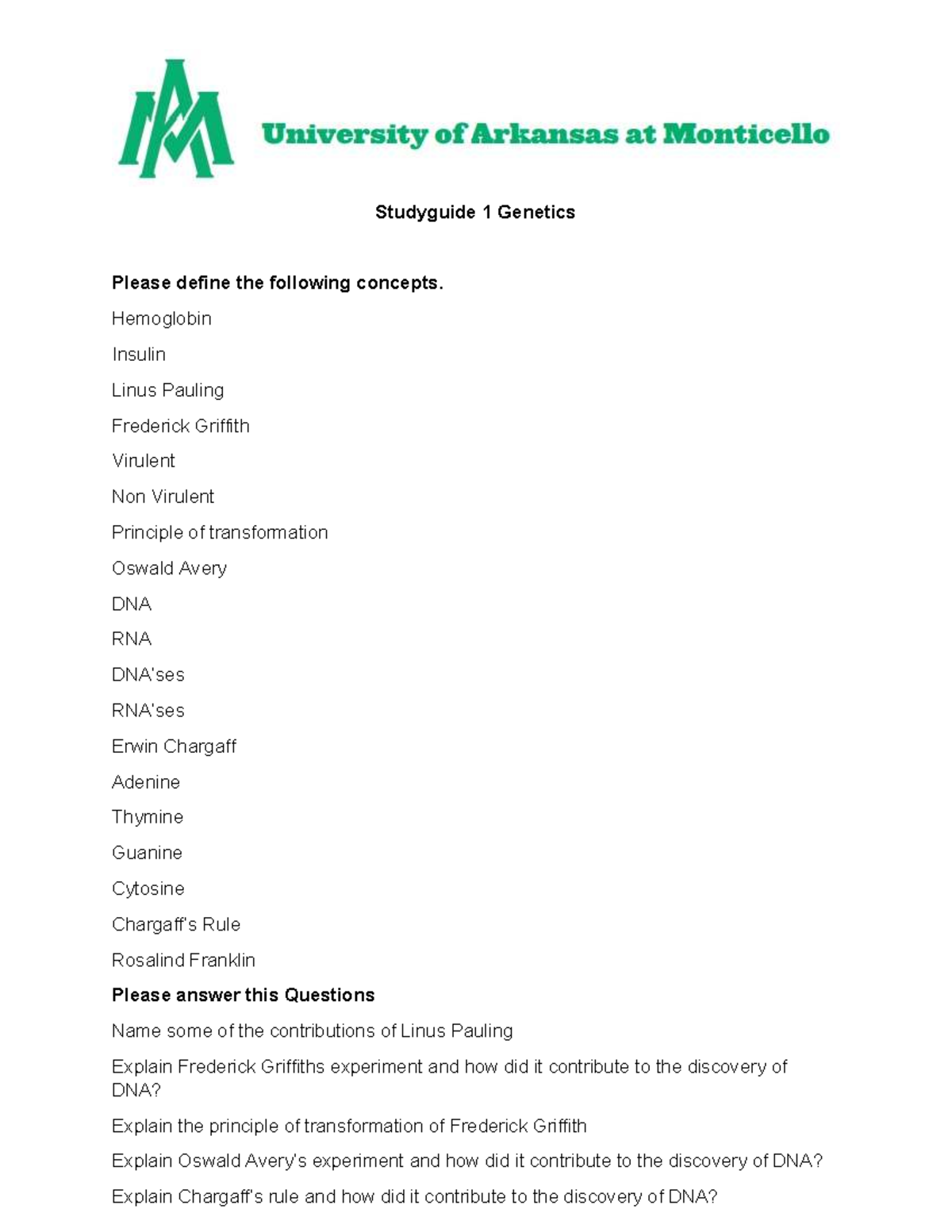 Genetics Study Guide 1: Key Concepts & DNA Contributions - Studocu