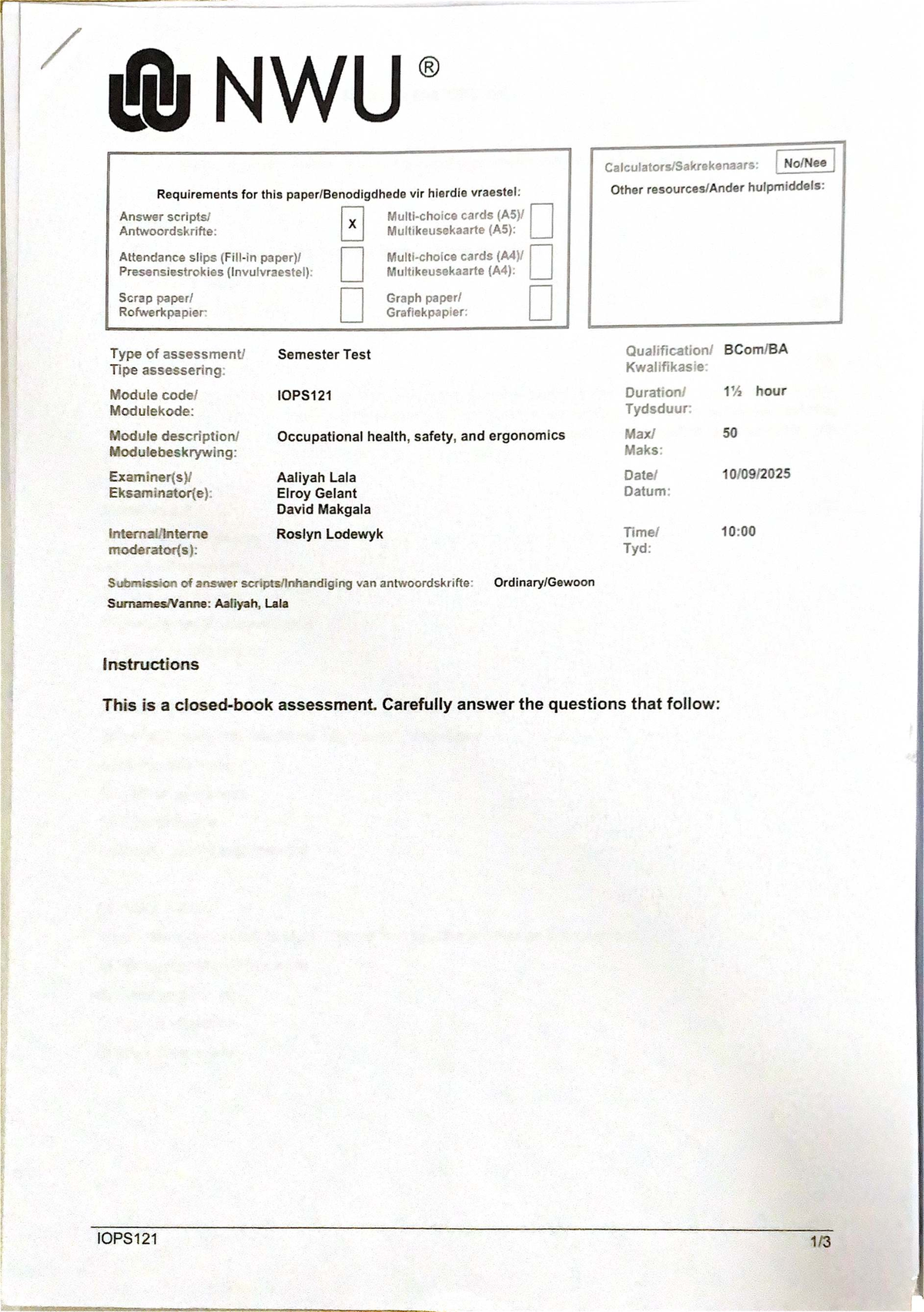 IOPS 121 Semester Test 2025: Occupational Health & Safety Exam - Studocu