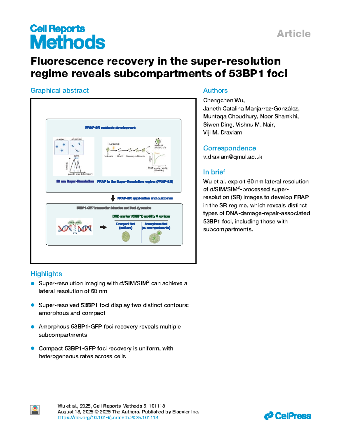 Fluorescence Recovery Dynamics of 53BP1 Foci: Insights from FRAP in SR ...