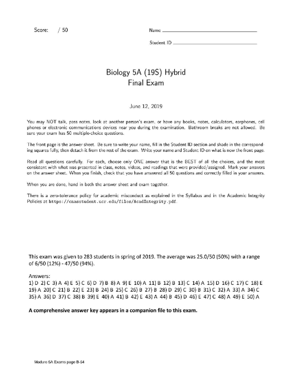 Biology 5A (19S) Hybrid Final Exam Instructions and Answer Key - Studocu